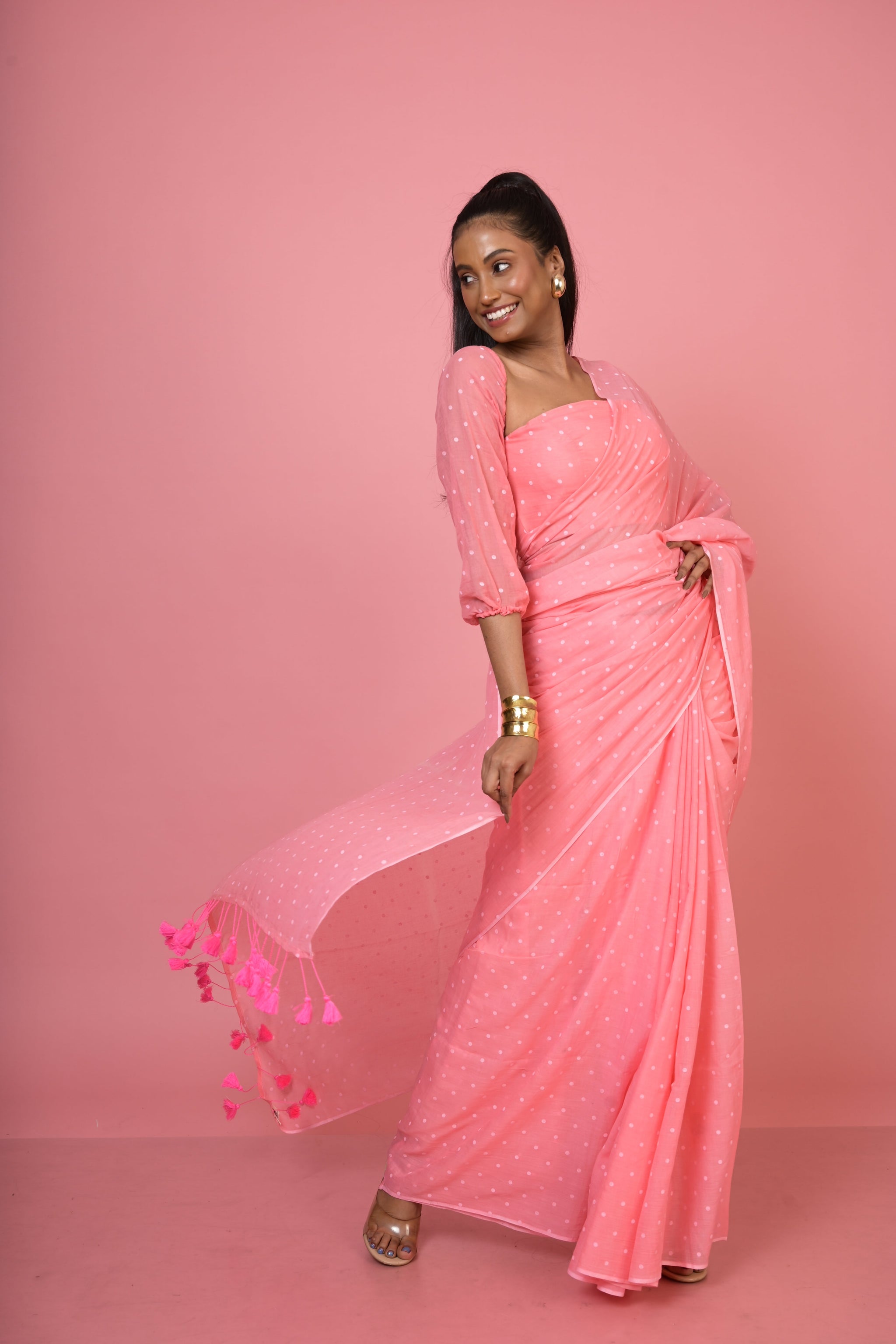 Baby Pink Handloom Mul Cotton Polka Dotted Saree with Ready to Wear Ba