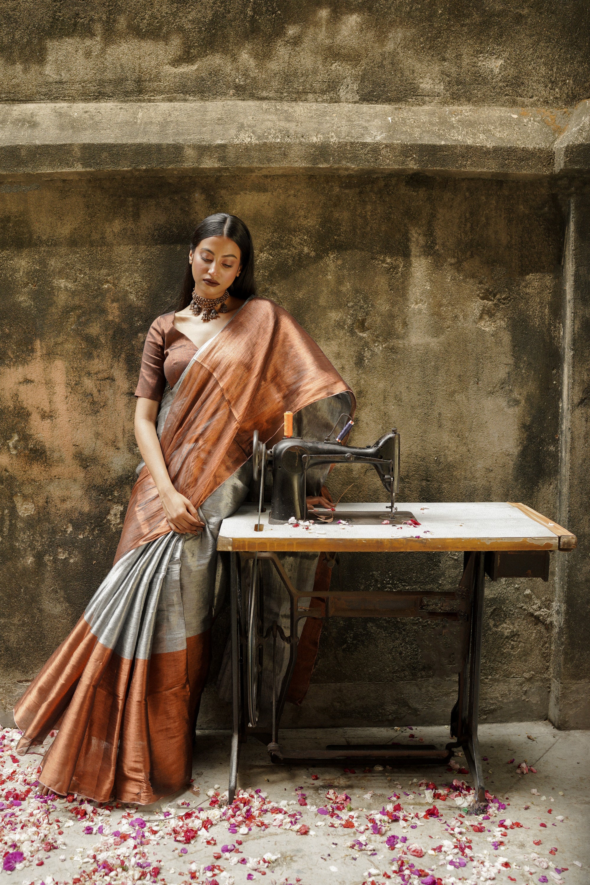 Handwoven Tissue Copper and Silver Saree with Ready to Wear Copper Blo