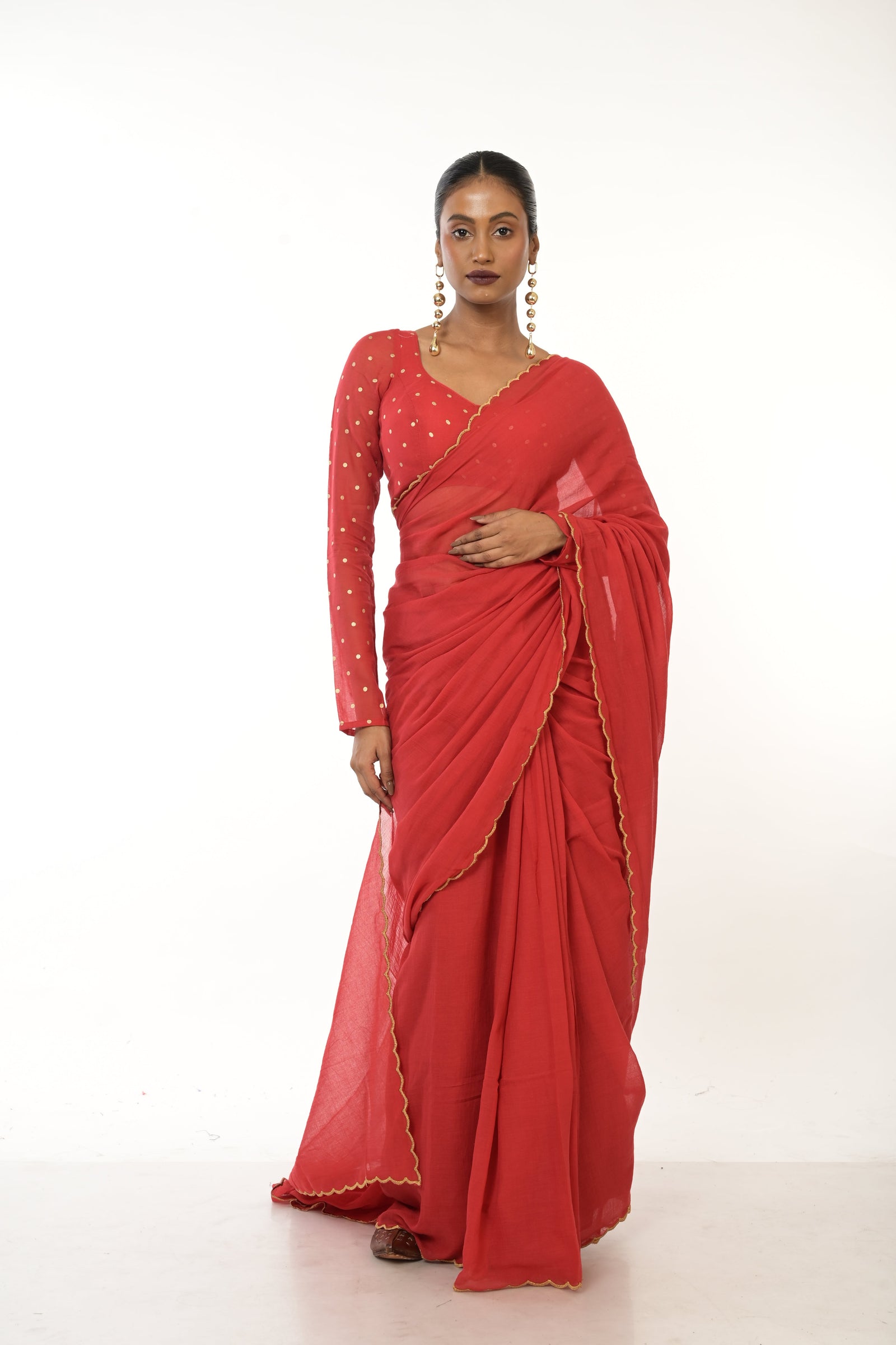 Red Saree - Plain Red Designer Red Sari for Women