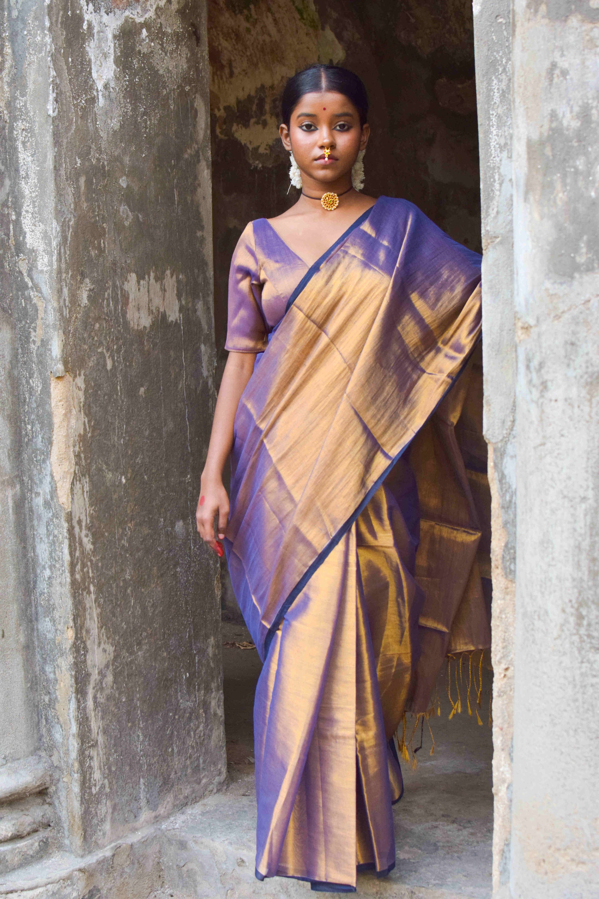 Purple Tissue Saree - Gold Purple Dual Tone Handloom Saree