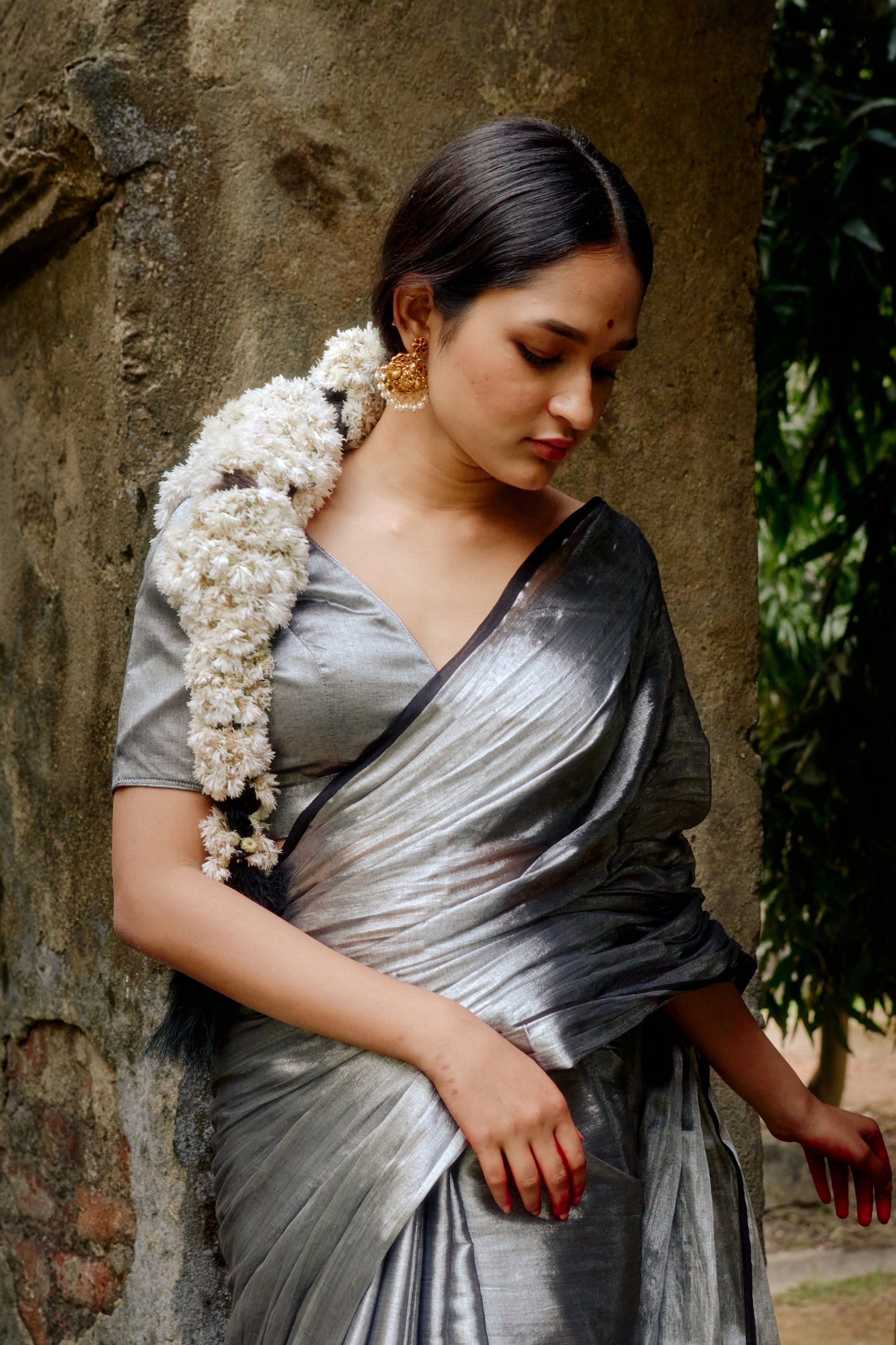 Buy Ardhachandra Silver Tissue Saree With Black Border