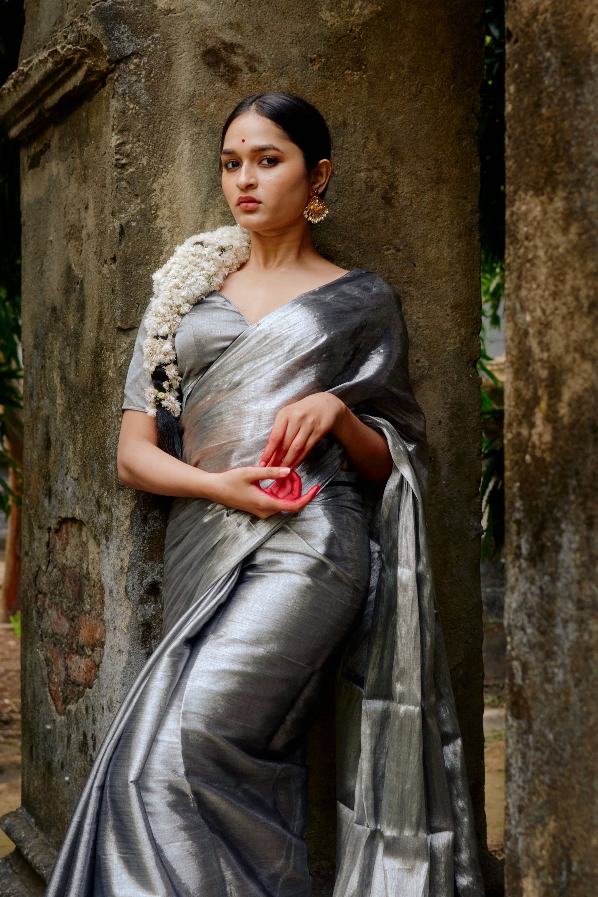 Buy Ardhachandra Silver Tissue Saree With Black Border